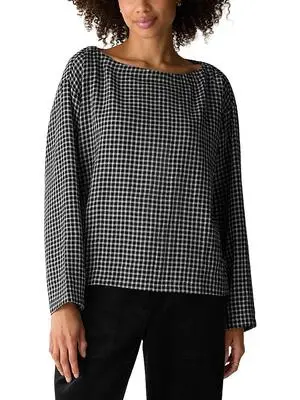 EILEEN FISHER Eileen Fisher Wool Cotton Check Bateau Neck Boxy Top