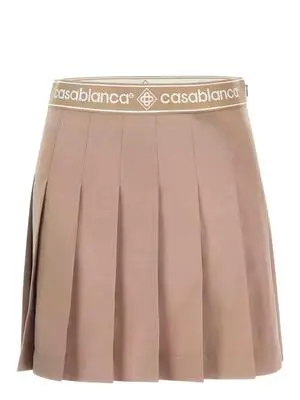 Casablanca Pleated Logo-Waistband Mini Skirt Brown