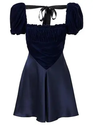 RODARTE Ruched Silk Satin And Velvet Mini Dress - Blue