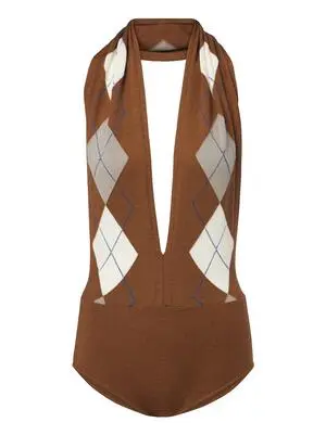 MUGLER Argyle Virgin Wool Bodysuit - Brown