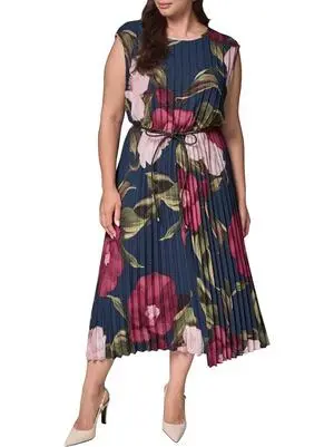 Donna Karan New York Floral Pleated Chiffon Midi Dress - Navy/blck