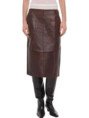 Helmut Lang Leather Midi Skirt - Saddle