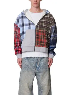Mnml Patchwork Flannel Zip Crop Hoodie - Multi