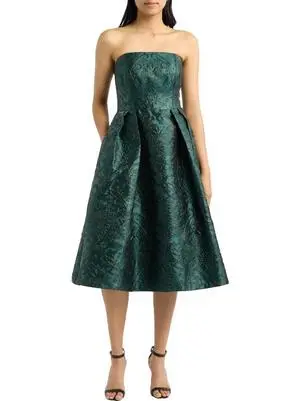 Eliza J Metallic Brocade Convertible Strapless Midi Dress - Hunter