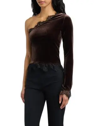 FENERS Reliquia Lace Trim One Shoulder Stretch Velvet Top - Chocolat