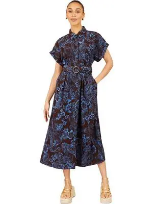 YUMI Paisley Belted Midi Shirt Dress - Brown