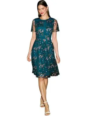 YUMI Embroidered Floral Fit-and-flare Dress - Teal