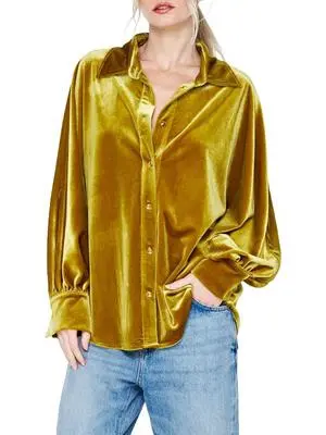 CIEBON Amira Oversized Stretch Velvet Shirt With Puff Sleeves - Celery