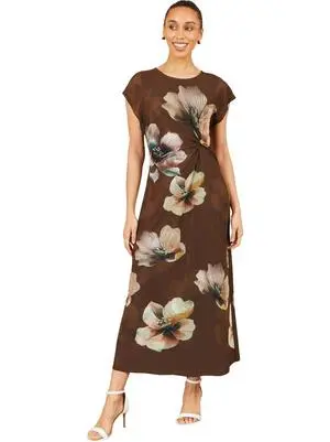 YUMI Mesh Floral Midi Dress - Brown