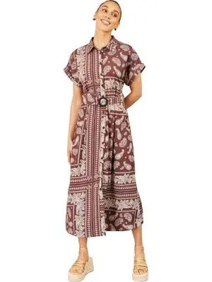 YUMI Paisley Print Midi Shirt Dress - Brown