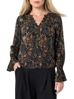LIVERPOOL Floral Pintuck Detail Sateen Top - Blk/rust Multi