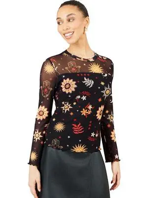 YUMI Celestial Print Mesh Top - Black