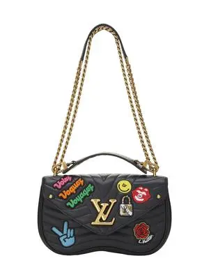 LOUIS VUITTON New Wave Chain Calfskin Bag With Embroidered Patches - Black