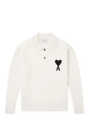 AMI Paris AMI Logo Intarsia Wool Polo Sweater Neutrals