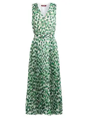 Max Mara Pleated V-neck Sleeveless Maxi Dress - Green