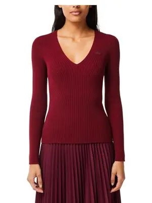 Lacoste V-neck Long Sleeve Knit Top - Red