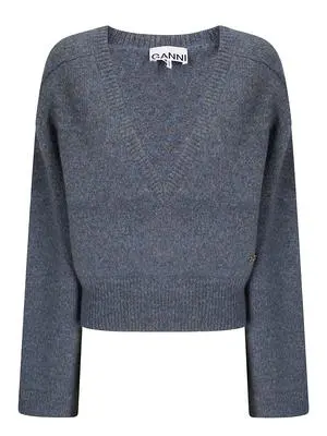 GANNI Ribbed V-neck Knit Sweater - Gray