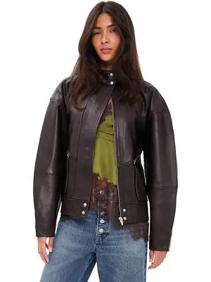 REFORMATION Veda Harrison Leather Oversized Bomber Jacket - Cocoa