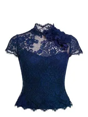 GEMY MAALOUF Navy Floral-lace Appliqué Top - Blue