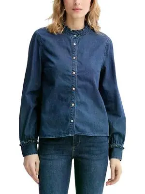 MORGAN Ruffled Collar Denim Shirt - Blue