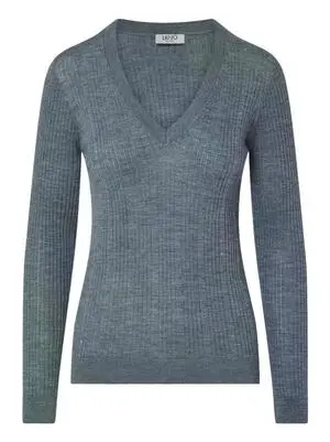 Liu Jo Ribbed Wool Sweater With V-neck And Rhinestone Embellishments - Grey