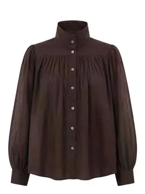 Antik Batik High Neck Gathered Shirt - Brown
