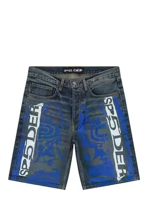SP5DER Logo Print Denim Shorts - Blue
