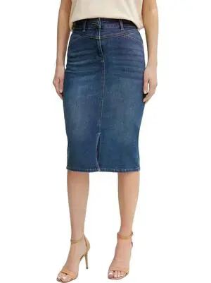 MORGAN Front Slit Denim Midi Skirt - Blue