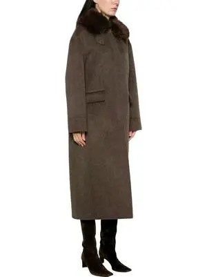 Maje Single-breasted Faux Fur Collar Coat - Brown
