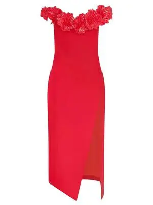 David Koma 3d Floral Applique Off-shoulder Midi Dress - Red