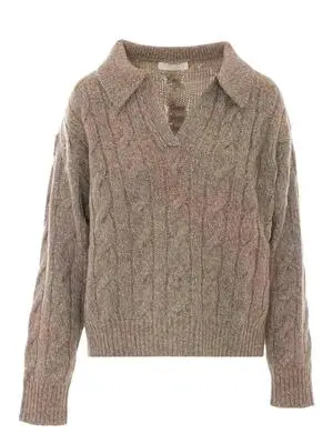 ELEH Eleh Sequin-Embellished Cable-Knit Polo Sweater