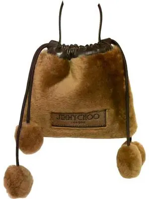 JIMMY CHOO Faux Shearling Drawstring Tote Bag - Brown