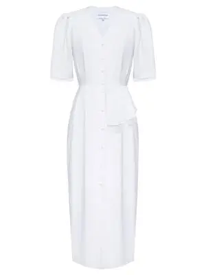 POST MERIDIEM Lace Trimmed Button Front Midi Dress With Belt - White