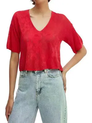 BENETTON Floral Jacquard V-neck Sweater - Red