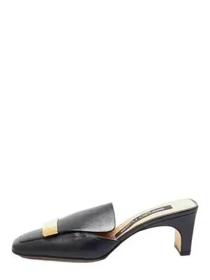 SERGIO ROSSI Leather Square Toe Mules With Gold-tone Logo Plaque - Black