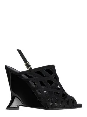 Balmain Suede Wedge Cage Sandals With Gold Tone Buckle - Black