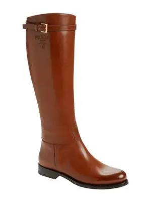 Prada Logo Embellished Adjustable Strap Boots - Cognac