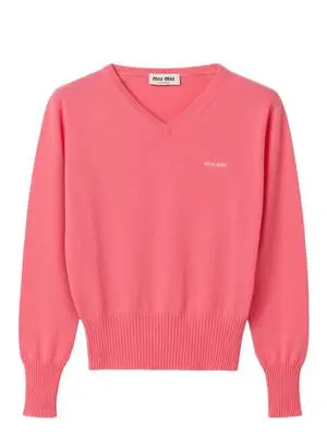 Miu Miu Miu Miu Cashmere V-Neck Sweater With Intarsia Logo Pink
