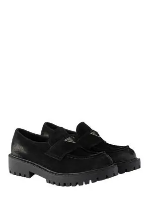 Prada Prada Aged Suede Loafers With Enameled Triangle Logo Black