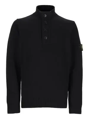 Stone Island Maglia Con Bottoni E Patch Logo - Black