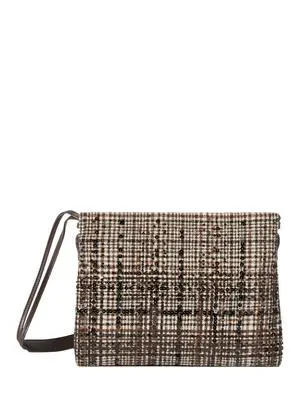 Brunello Cucinelli Water-resistant Checked Alpaca And Wool Pouch Bag With Dazzling-degradé Embroidery - Brown