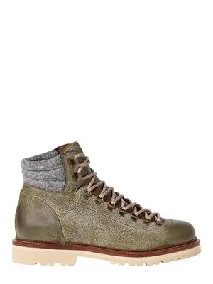 Brunello Cucinelli Lace-up Paneled Leather And Wool Boots - Olive