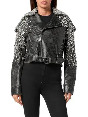 Philipp Plein Embellished Leather Biker Jacket - Black
