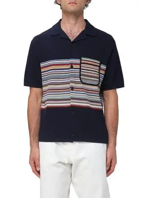 Paul Smith Striped Cotton Short-sleeve Cardigan With Cuban Collar Navy