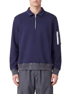 Sacai Long-sleeved Zip-up Cotton-blend Polo Shirt - Blue