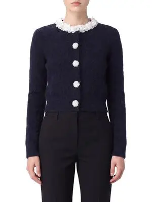 SELF-PORTRAIT Self-Portrait Ruffled Alpaca-Blend Cardigan With Jewel Buttons Navy