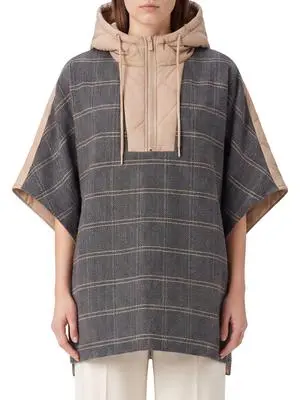 TWINSET Checked Poncho With Quilted Hood - Grey
