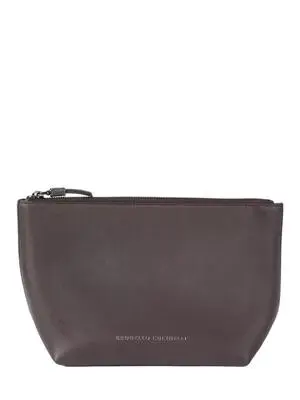 Brunello Cucinelli Grained Calfskin Pouch With Monili - Brown