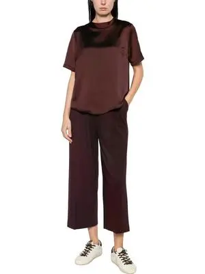 Imperial Bordeaux Red Satin Finish High Neck Short Sleeve Top - Brown