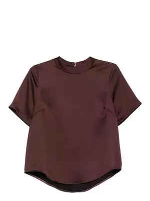 Imperial Bordeaux Red Satin Finish High Neck Short Sleeve Top - Brown